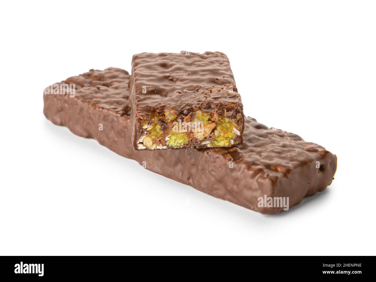 Tasty chocolate nut bar on white background Stock Photo - Alamy