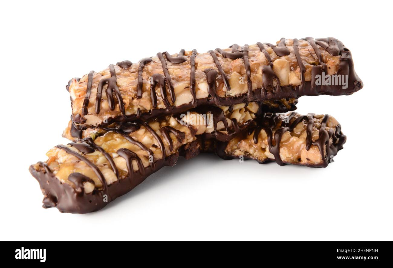 Tasty chocolate nut bars on white background Stock Photo - Alamy