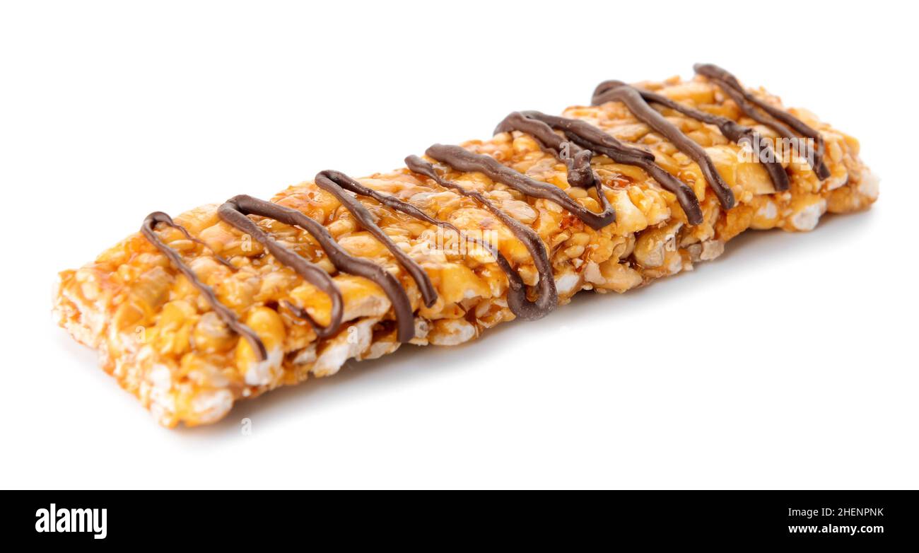 Tasty chocolate nut bar on white background Stock Photo - Alamy