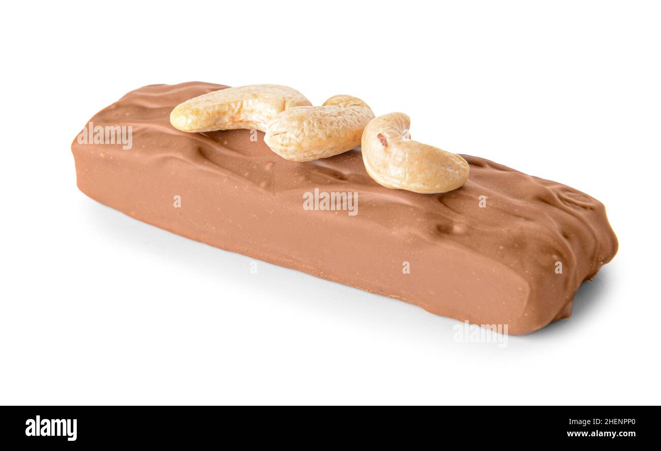 Tasty chocolate nut bar on white background Stock Photo - Alamy