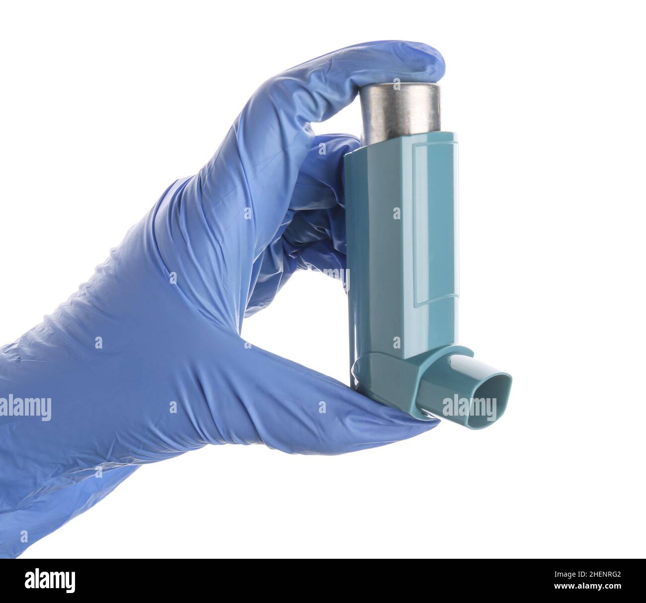 Female hand with asthma inhaler on white background, closeup Stock ...