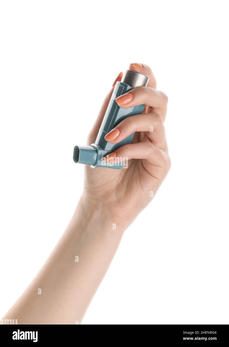 Female hand with asthma inhaler on white background Stock Photo - Alamy
