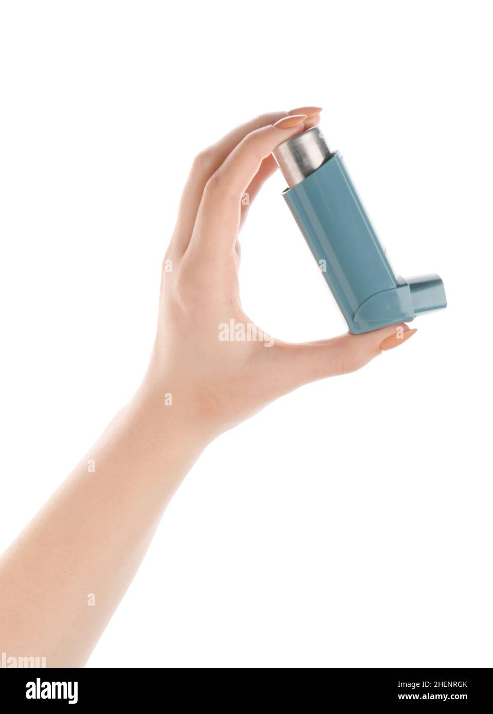 Female hand with asthma inhaler on white background Stock Photo - Alamy