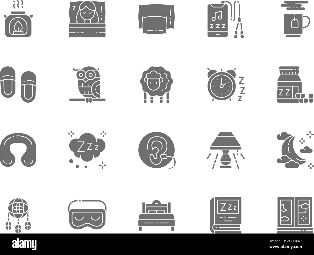 Set of Sleep Grey Icons. Aroma Lamp, Headphone, Hot Tea, Slippers ...
