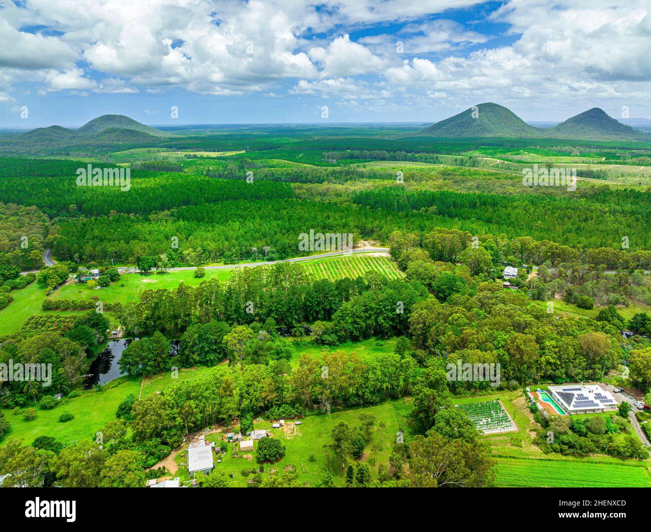 Aerial view of the Glass House Mountains in the Sunshine Coast. Beerwah ...