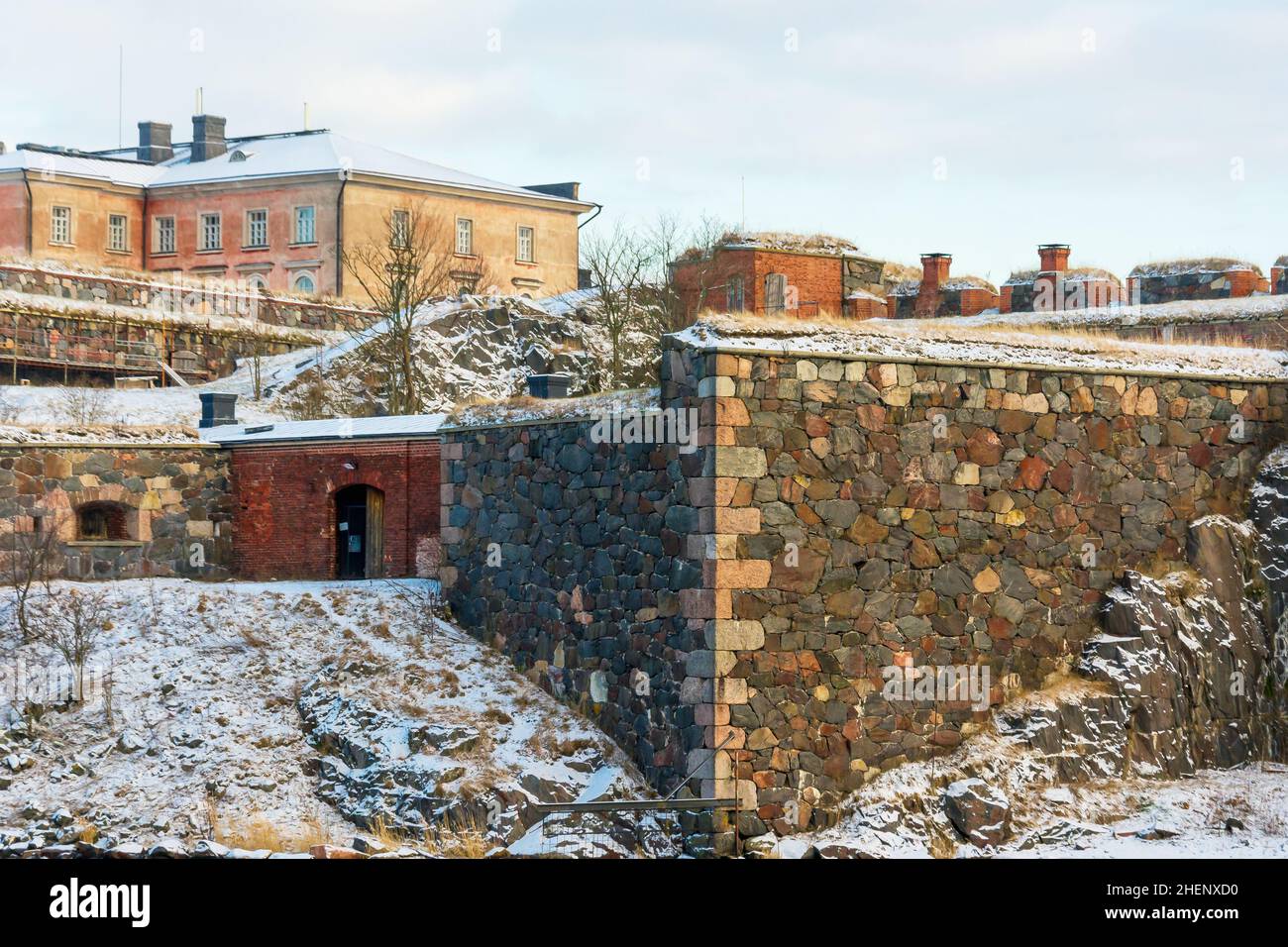 Old stone buildings of the Suomenlinna fortress island in Helsinki ...