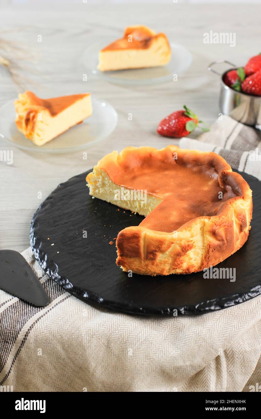 Selected Focus Basque Burnt Cheese Cake on White Kitchen Background ...