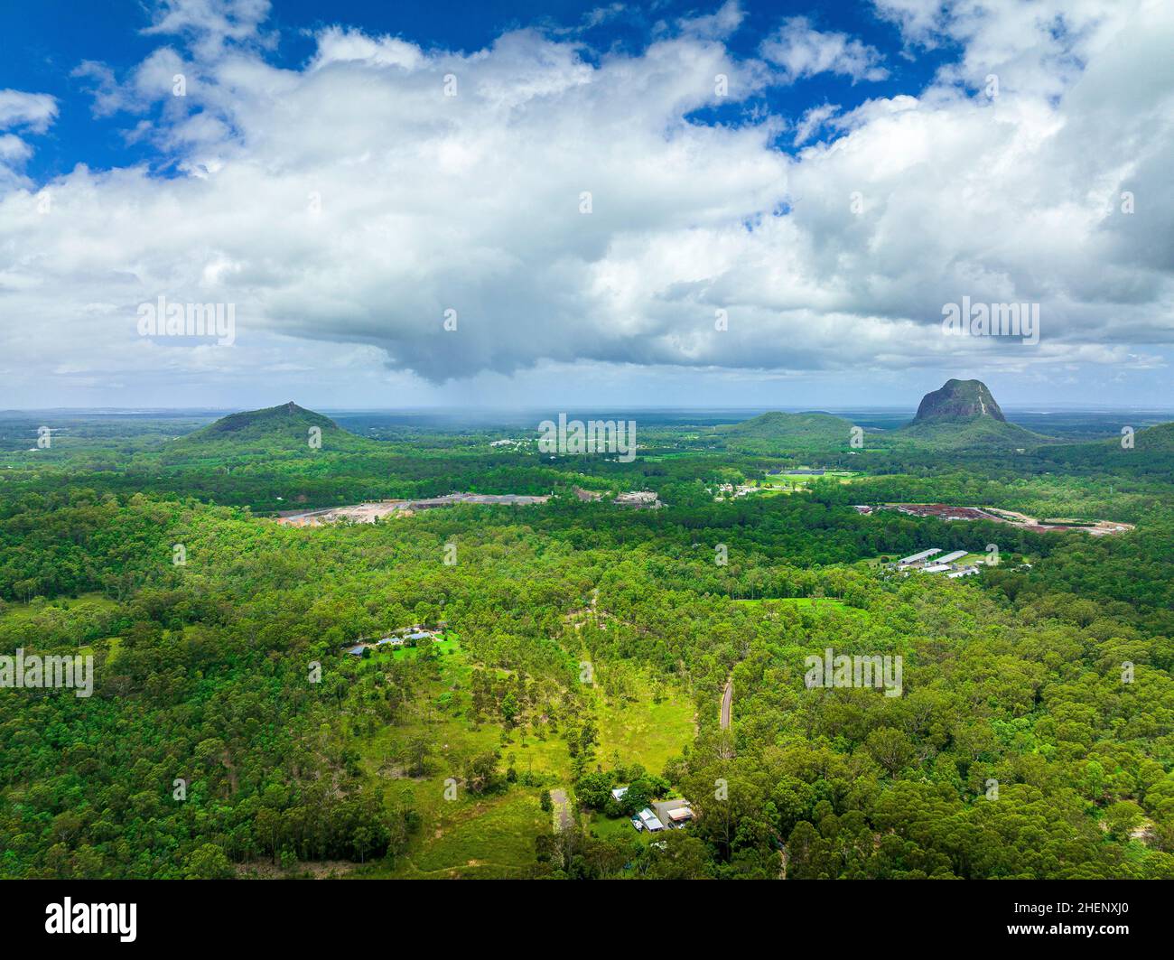 Aerial view of the Glass House Mountains in the Sunshine Coast. Beerwah ...