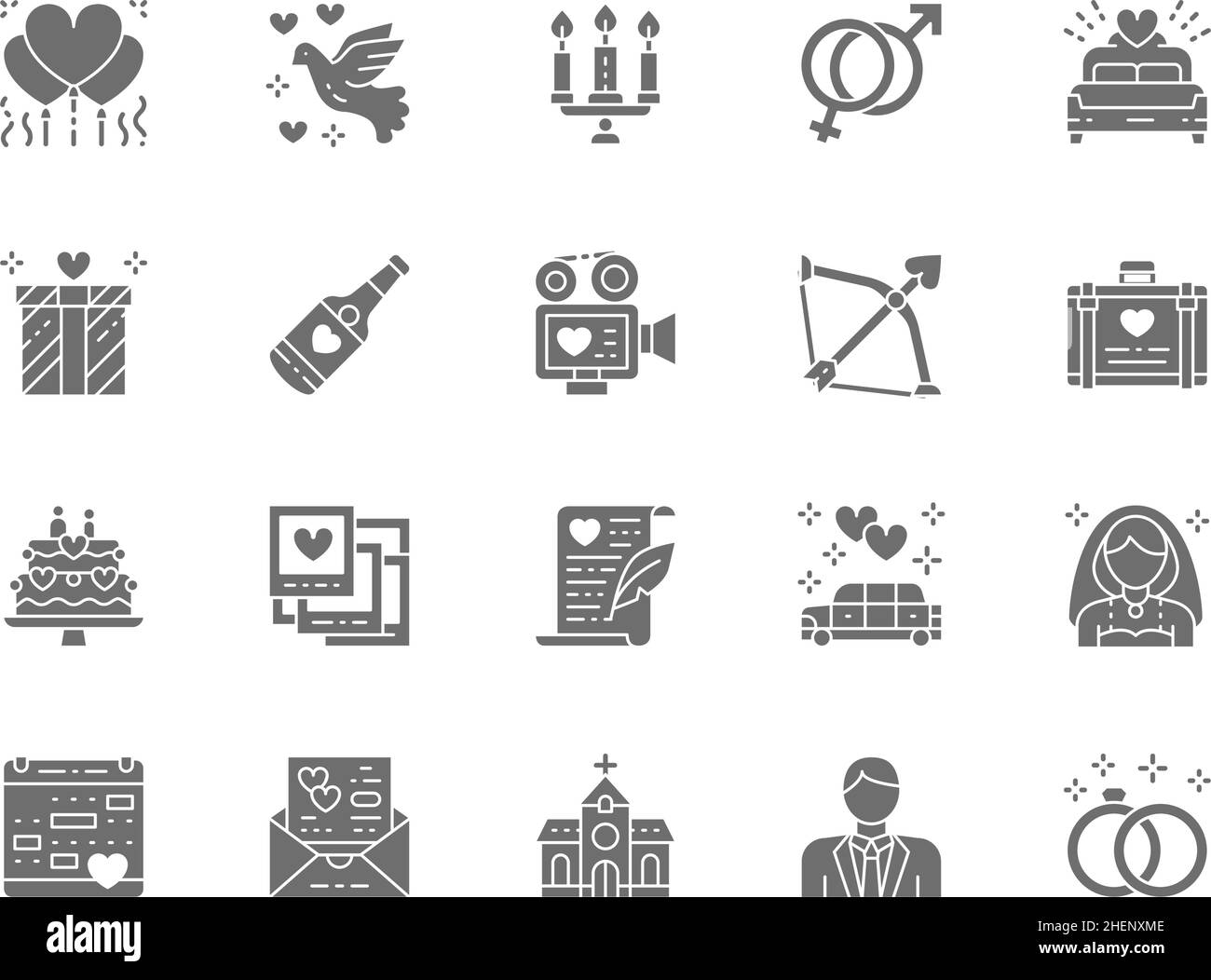 Set of Wedding Grey Icons. Pigeon, Candlestick, Bridal Bed, Giftbox ...