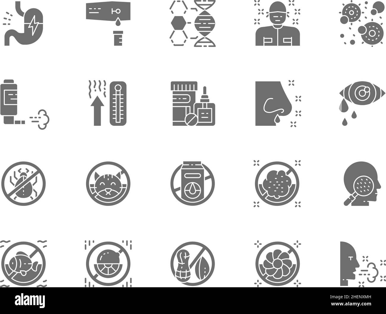 Set of Allergy and Allergens Grey Icons. Patient, Microbes, Inhalation ...