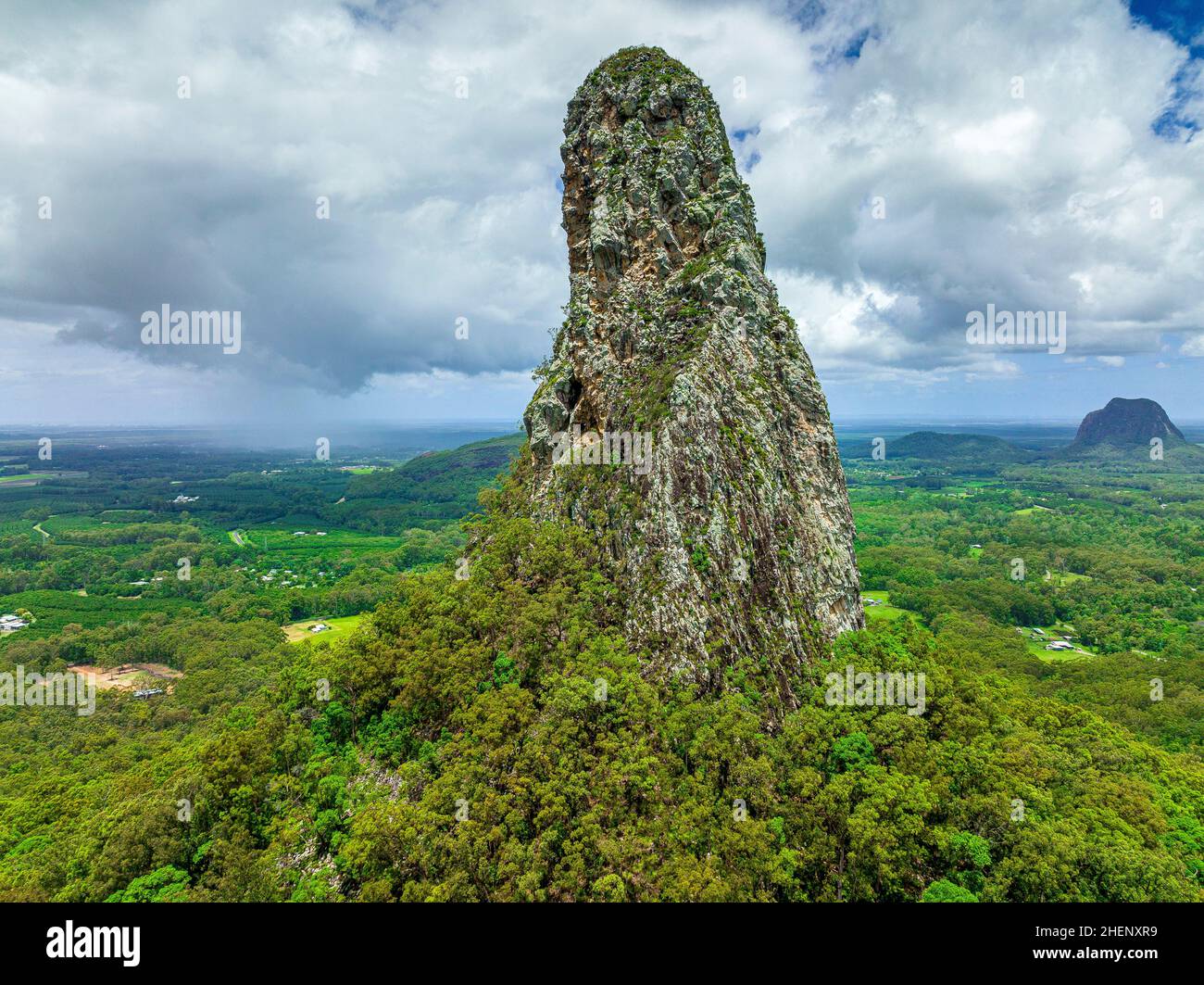 Aerial close up view of Mount Coonowrin in the Glass House Mountains ...
