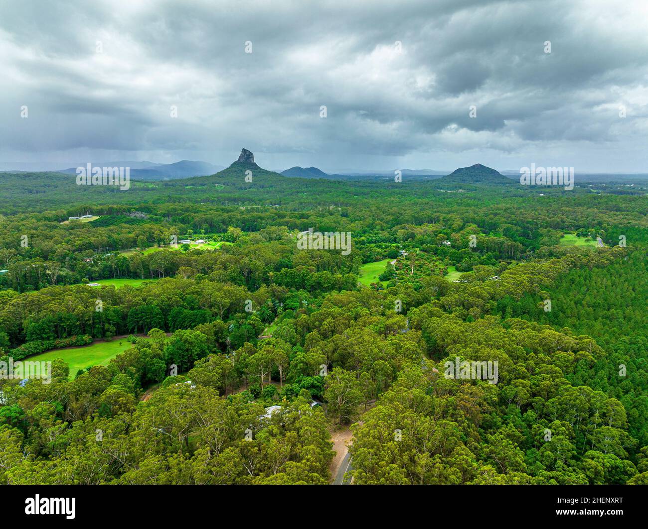 Aerial view of the Glass House Mountains in the Sunshine Coast. Beerwah ...