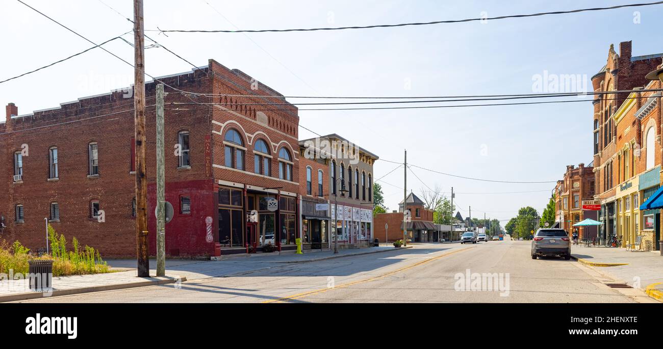 Farmland, Indiana, USA - August 21, 2021: The business district on Main ...