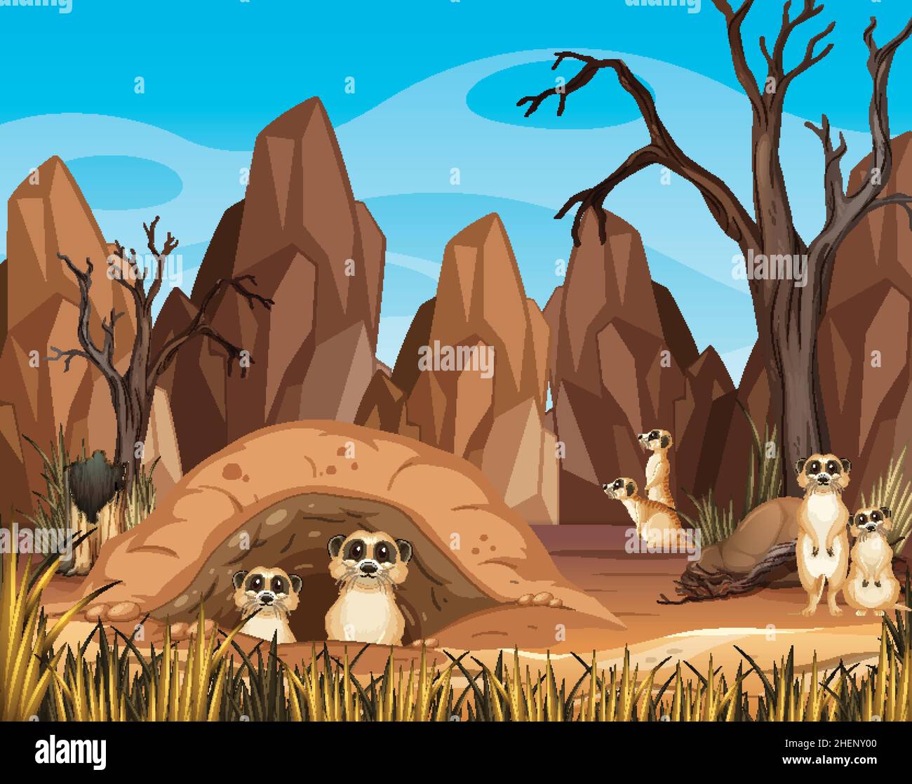 Desert scene with cute little meerkats illustration Stock Vector Image ...
