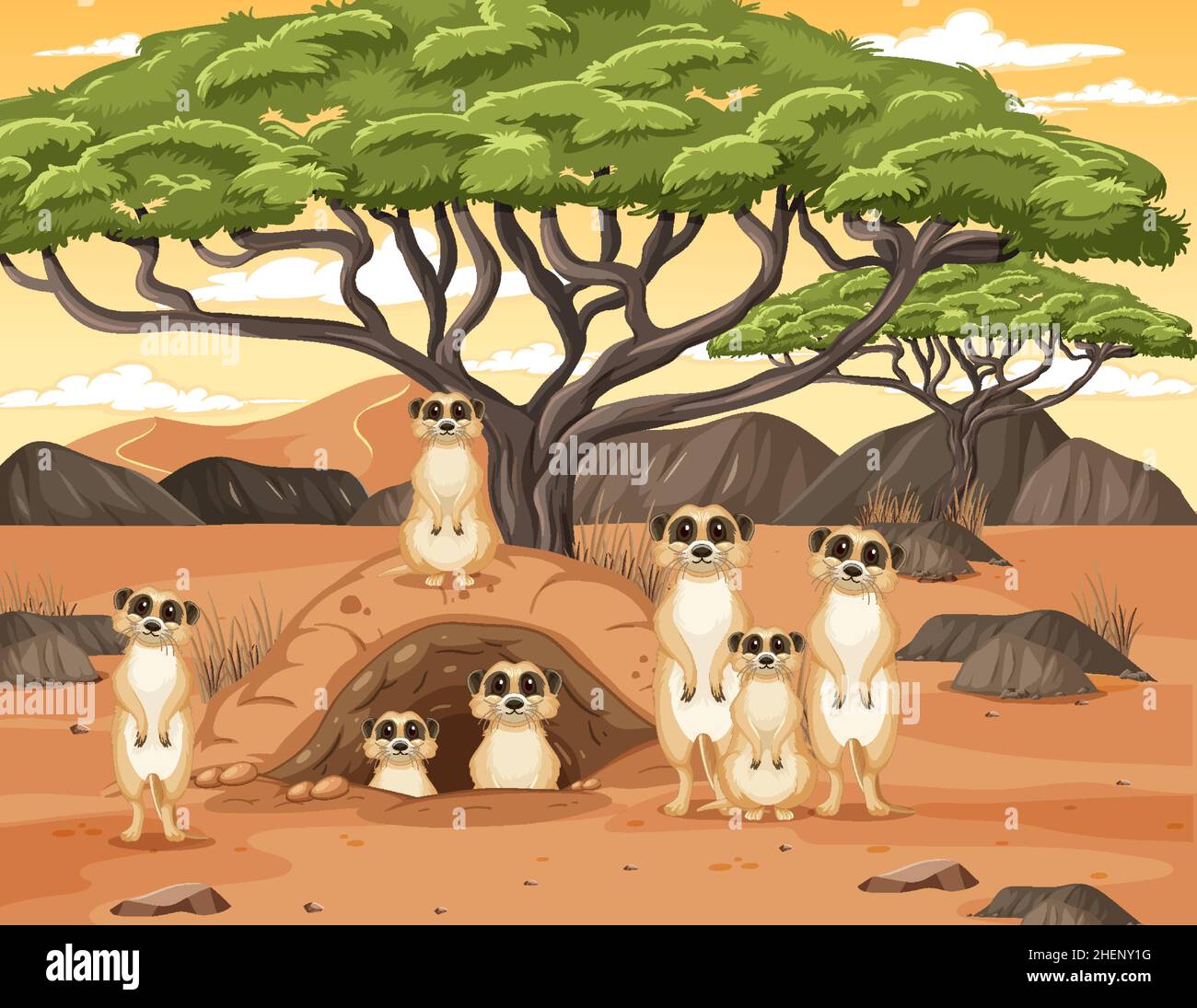 Desert background with a group of meerkats illustration Stock Vector ...