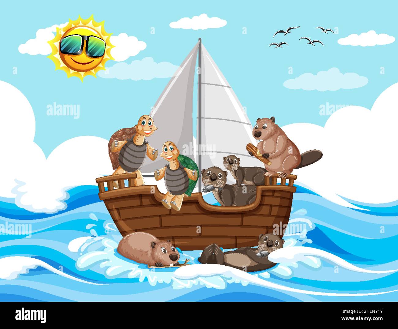 Ocean scene with wild animals on a sailboat illustration Stock Vector ...