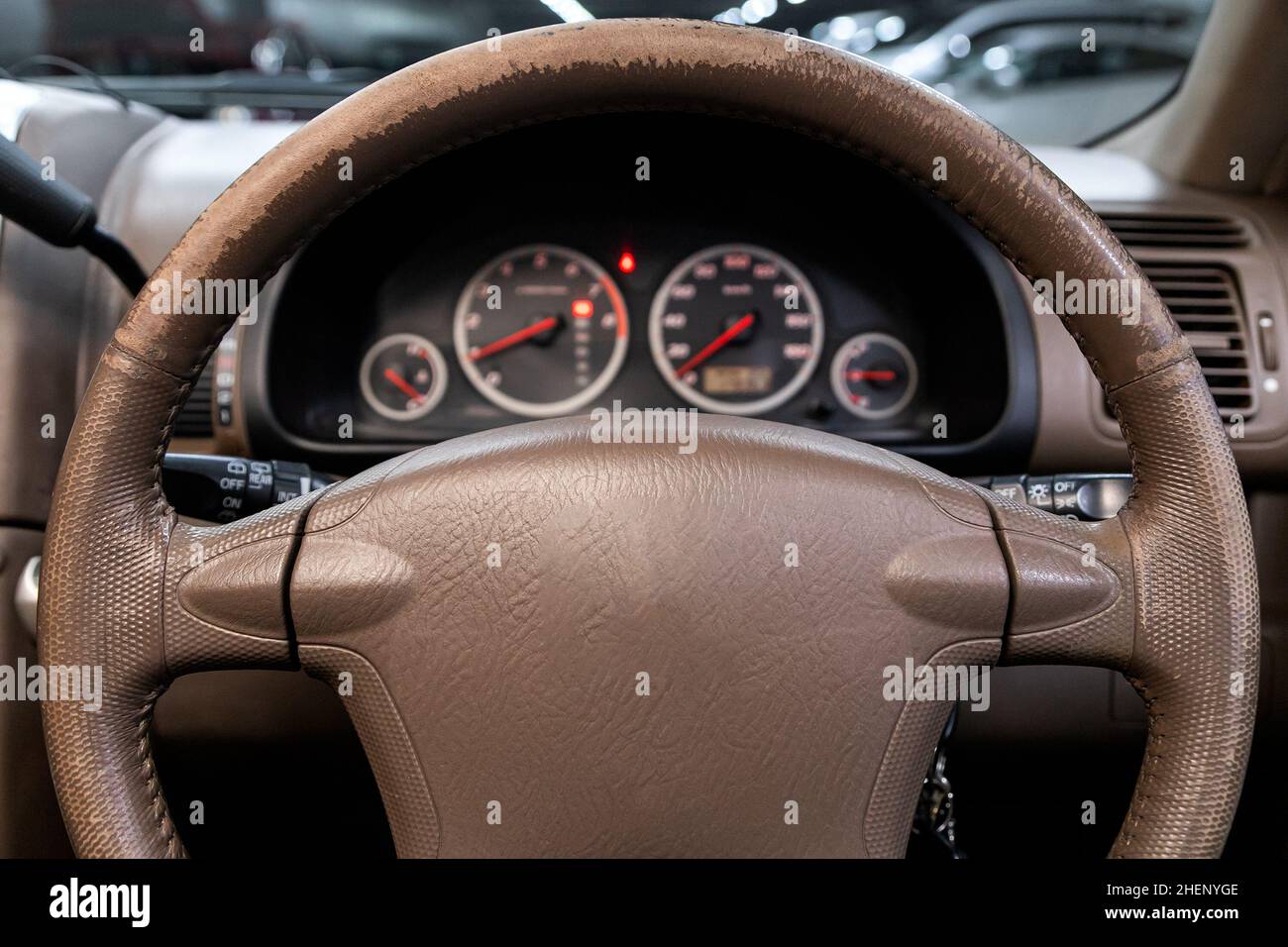 car interior - steering wheel, shift lever and dashboard Stock Photo ...
