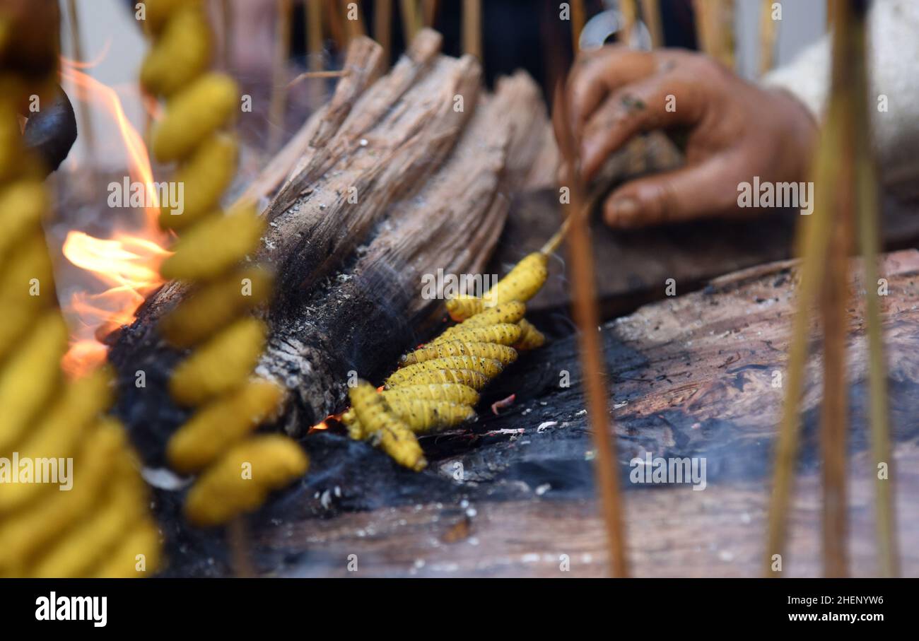An woman selling roasted silkworm moth and other roasted meat during a ...
