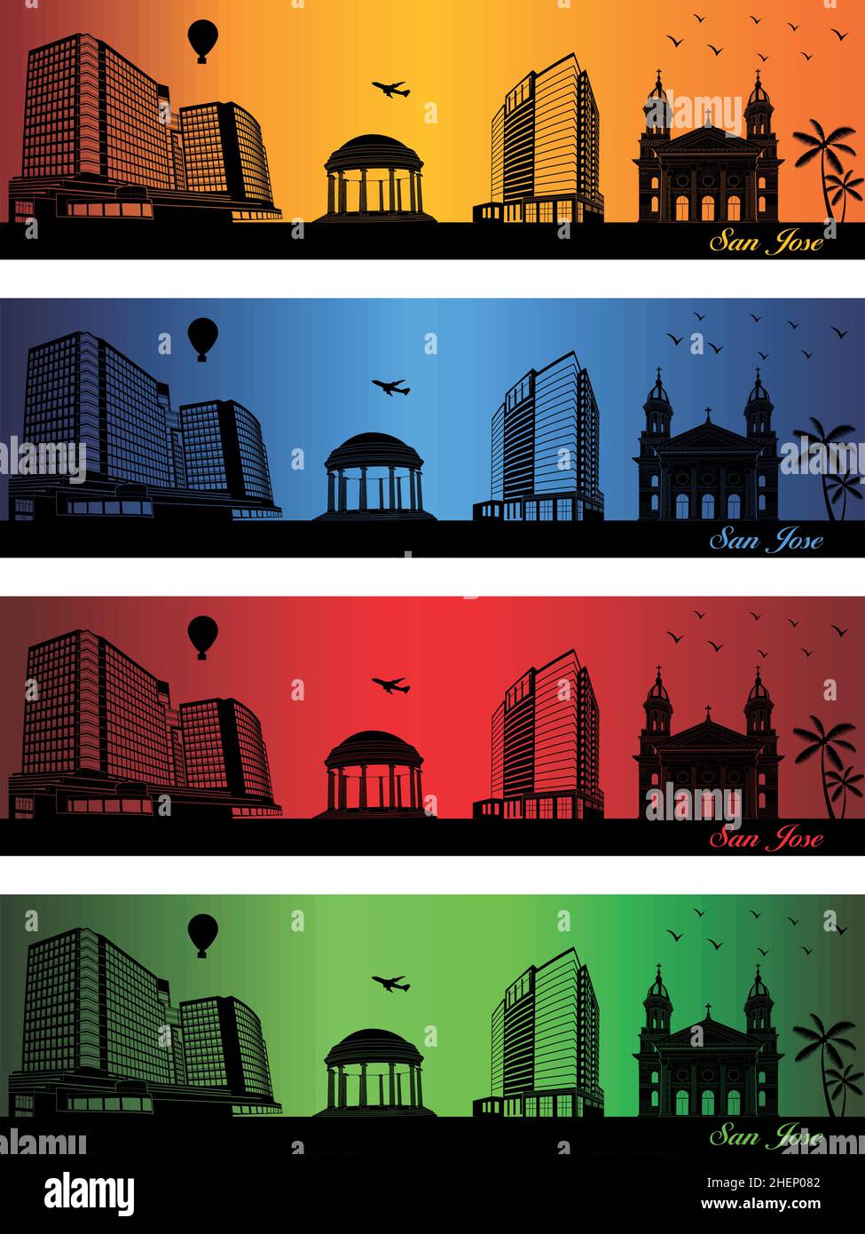 San Jose city in a four different colors - illustration, Town in orange ...