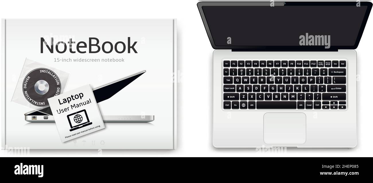 New notebook computer and box with installation driver disk and user ...