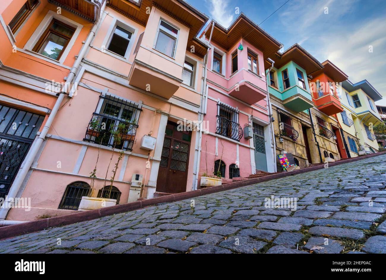 View of colorful historical houses in Balat. Balat is the traditional ...