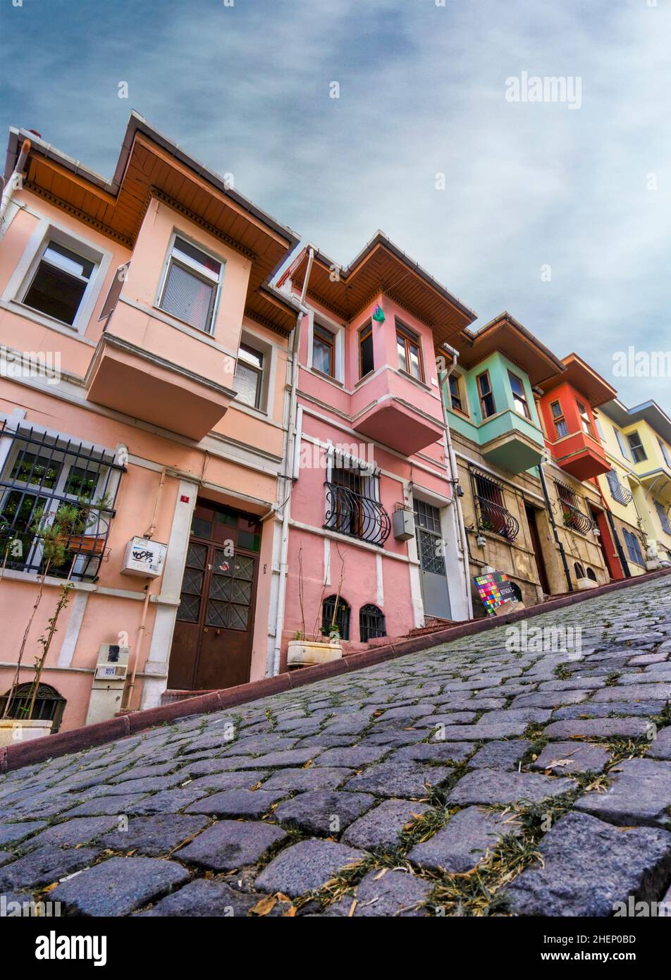 View of colorful historical buildings in Balat. Balat is the ...