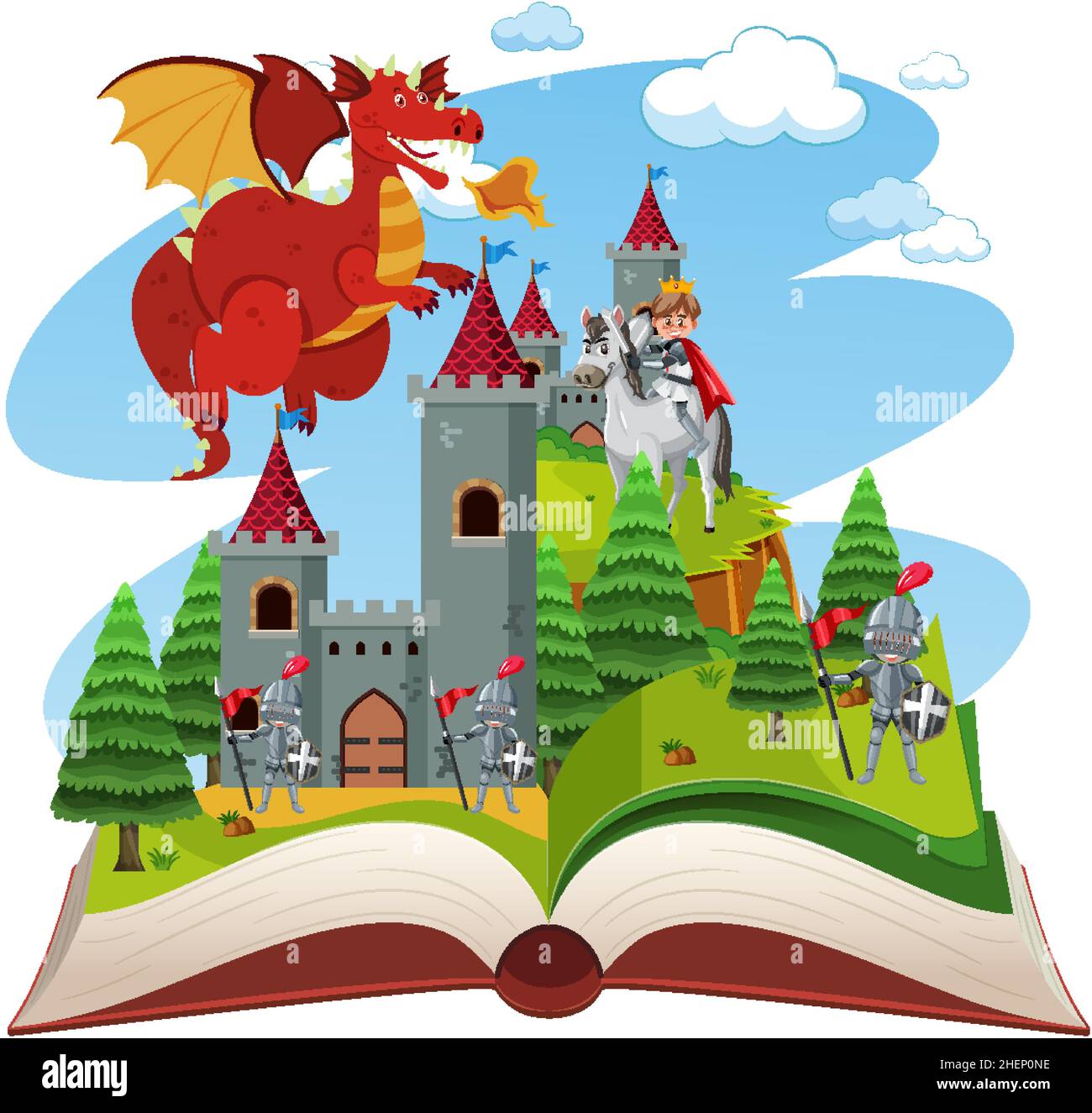 Knights fight with dragon at the castle on open book illustration Stock ...