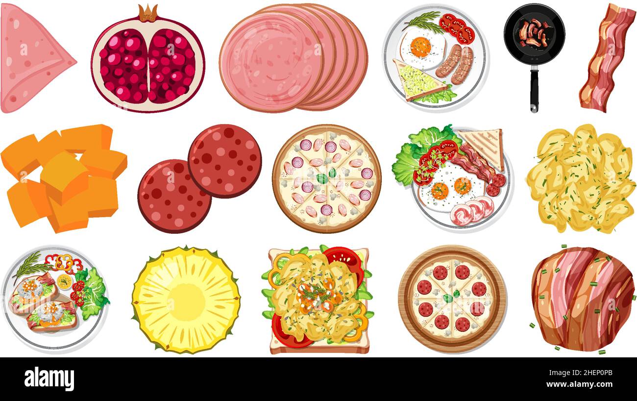 Collection of food ingredients on white background illustration Stock ...