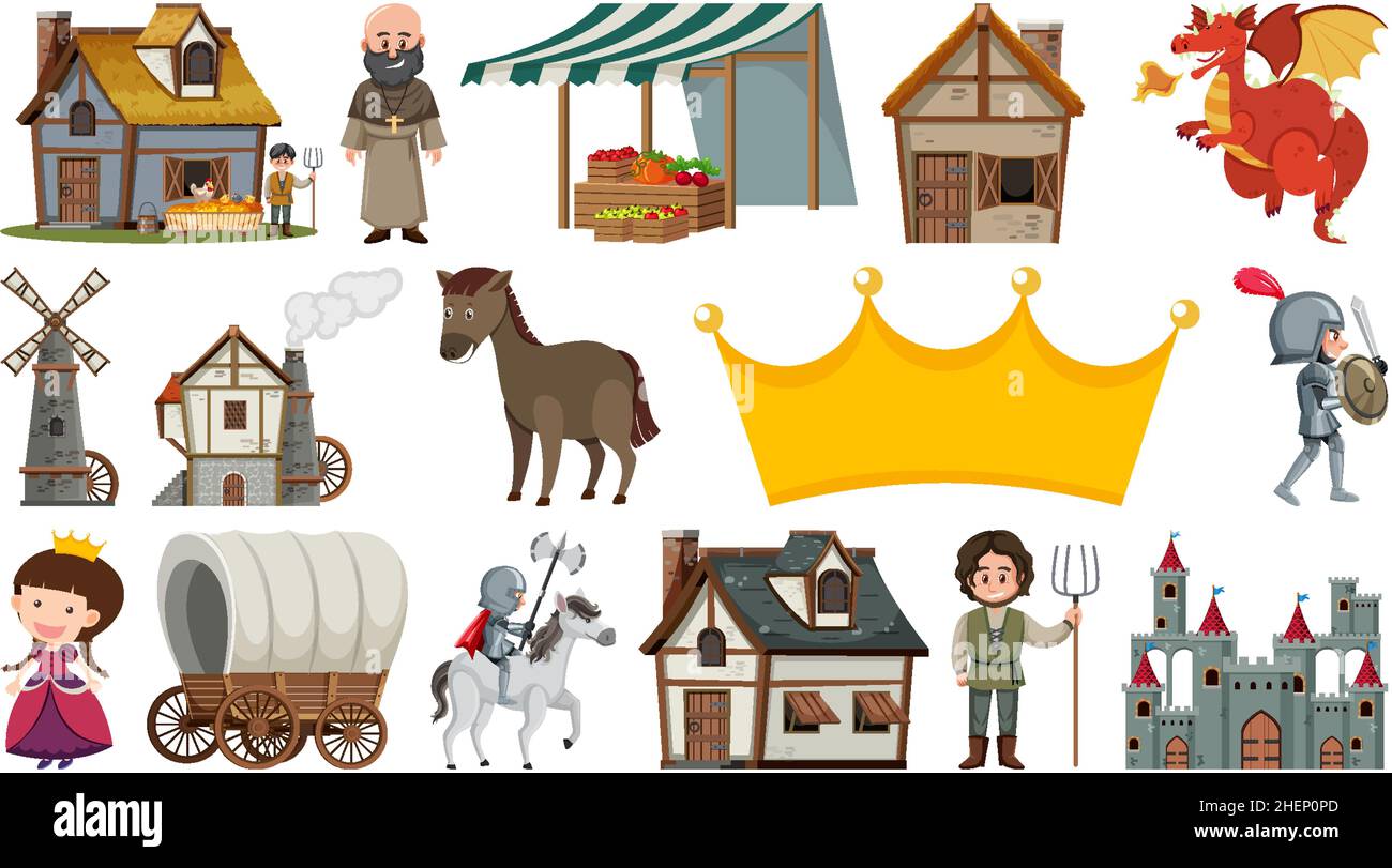 Set of fantasy cartoon characters and elements illustration Stock ...