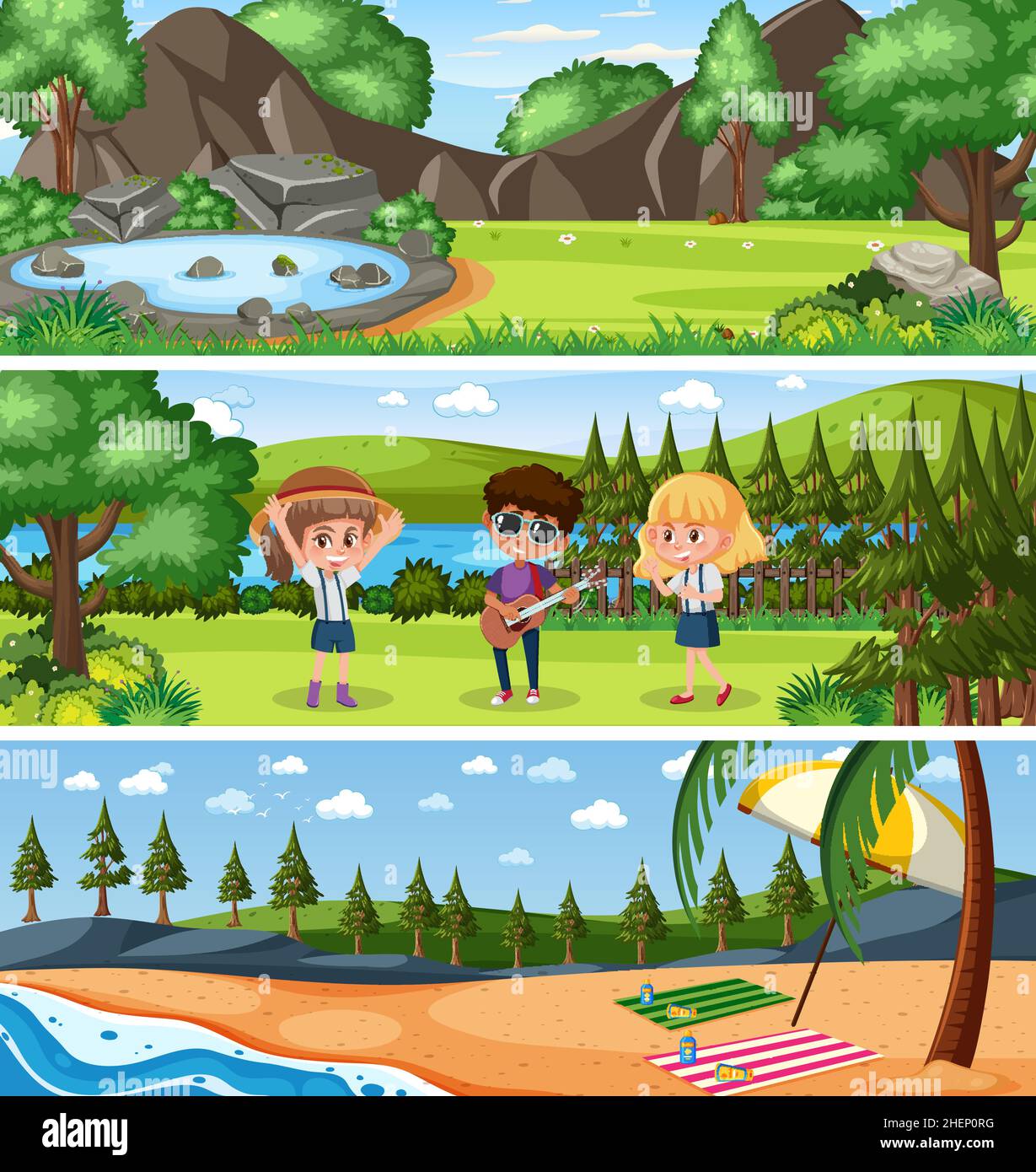 Different nature landscape scene set with cartoon character ...