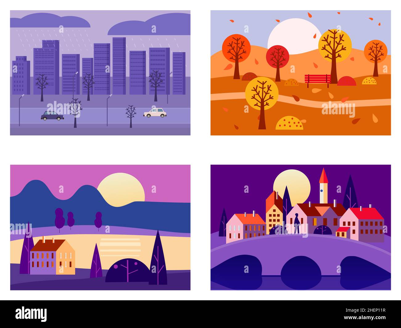 Set of seasons landscapes winter, summer, autumn. Rural, mountaines ...