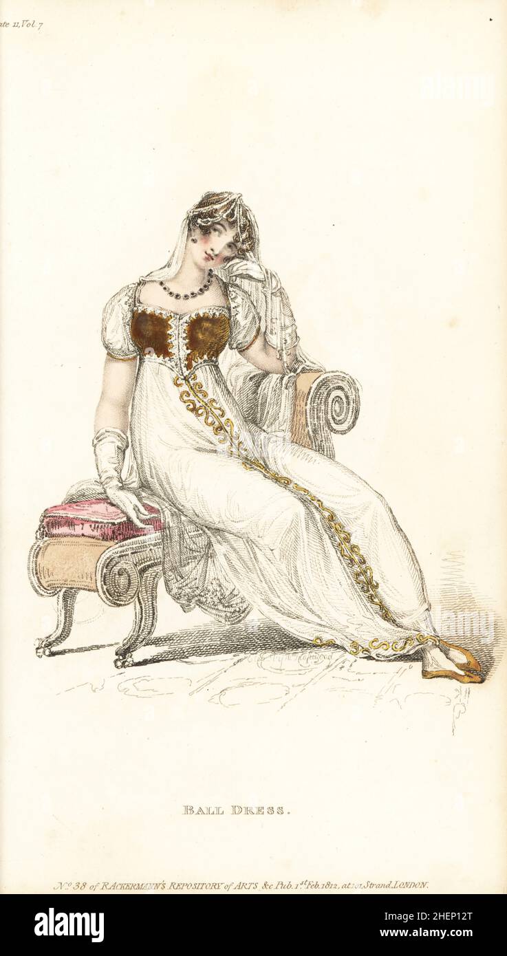 Regency woman lounging on a sofa at a ball, 1812. Grecian robe of white ...