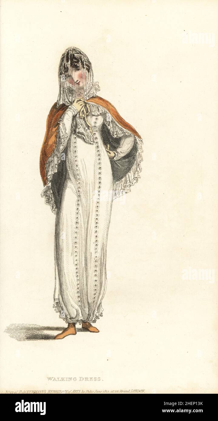 Regency woman in walking dress, 1812.. Dress of jaconot muslin, lace ...