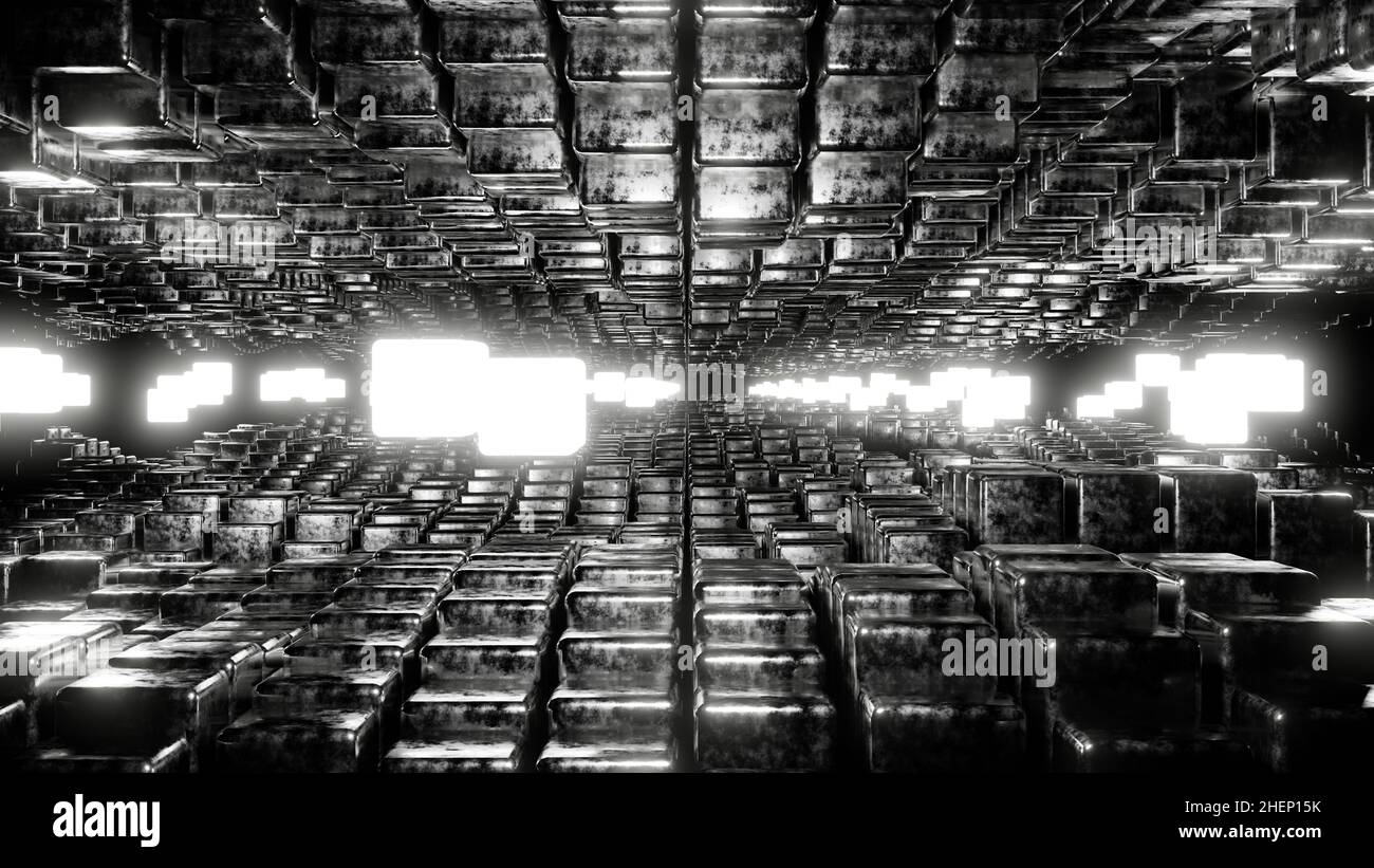 3d illustration of steel cubes tunnel, Abstract futuristic corridor ...