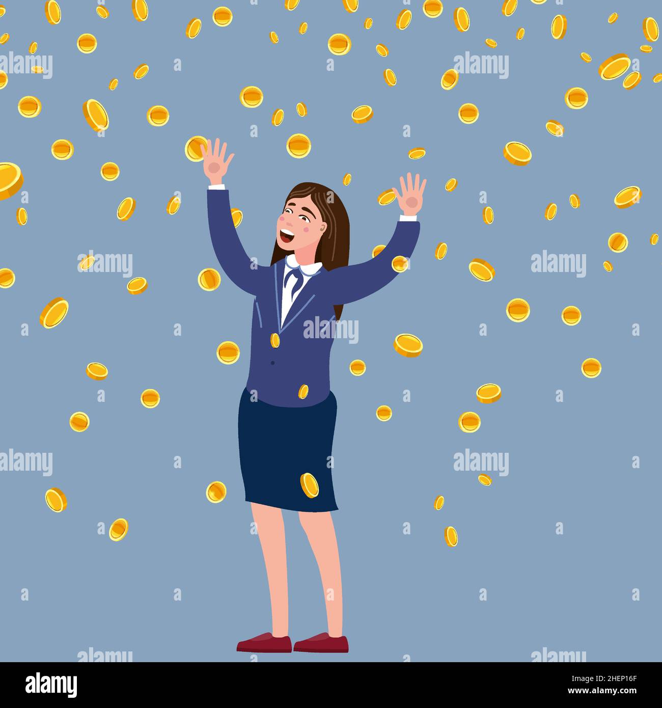 Happy businesswoman falling money coins rain. Success finance business ...