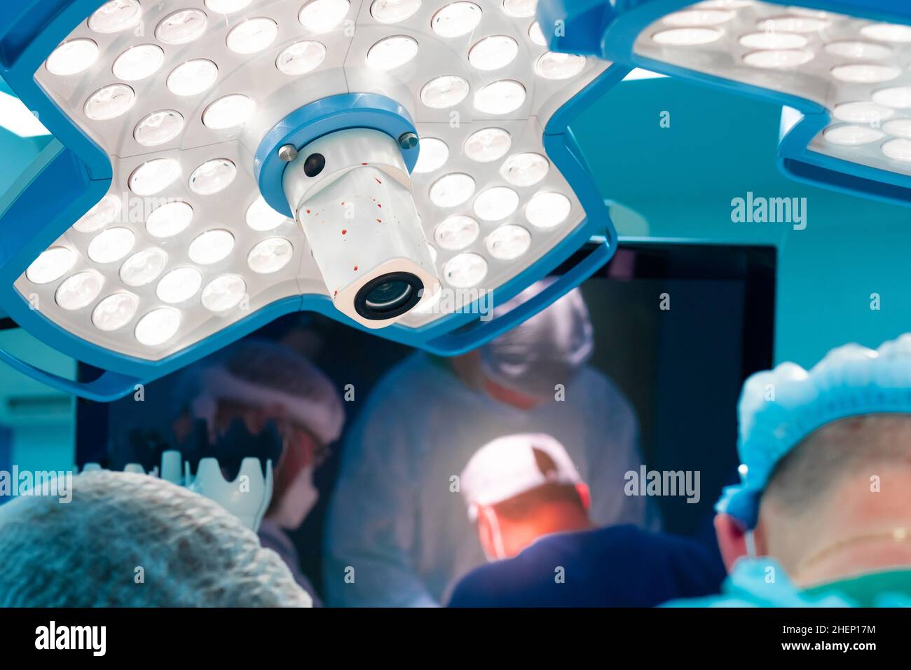 LED surgical lamp with blood stains in the operating room above the ...