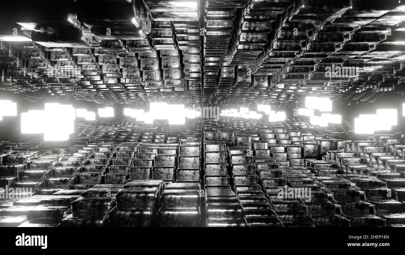 3d illustration of steel cubes tunnel, Abstract futuristic corridor ...