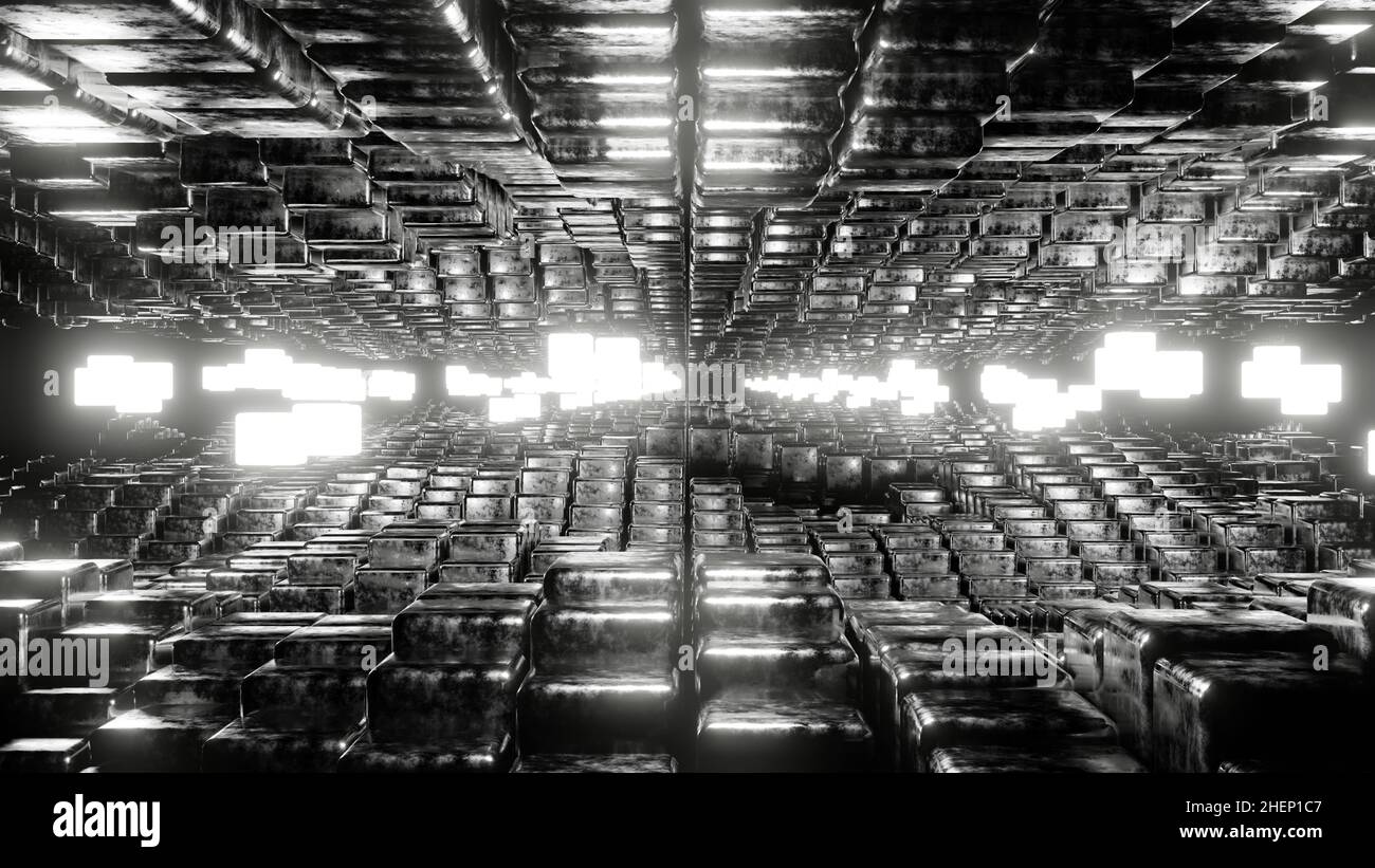 3d illustration of steel cubes tunnel, Abstract futuristic corridor ...