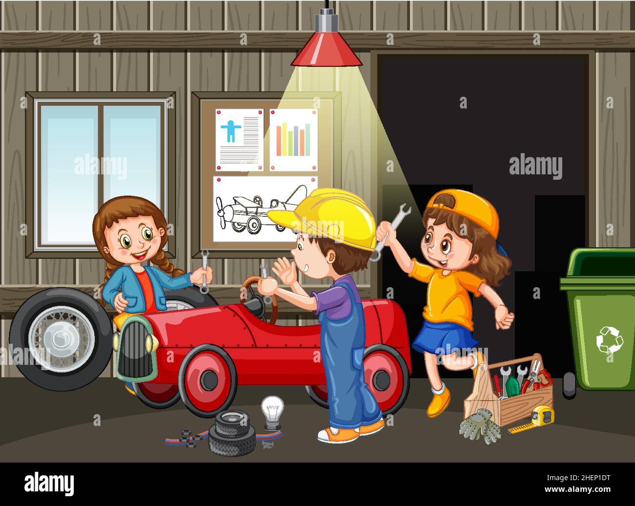Children repairing a car together in the garage illustration Stock ...