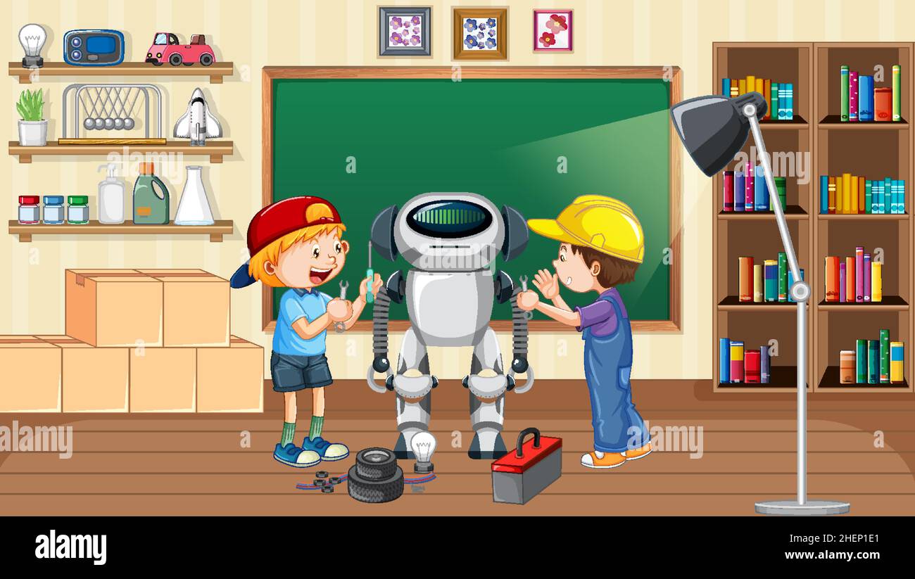 Children fixing a robot together in the room scene illustration Stock ...