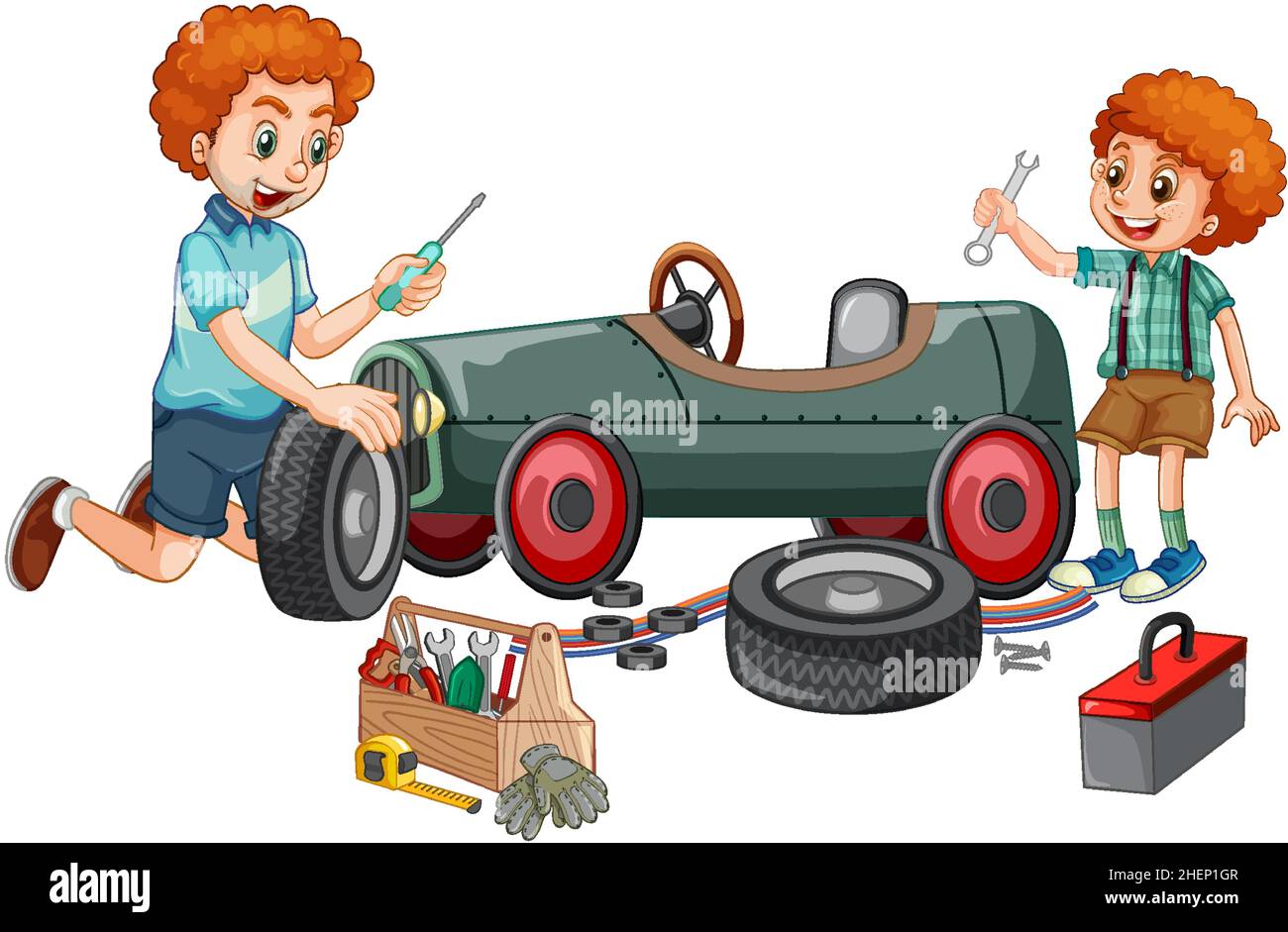 Dad and son repairing a car together illustration Stock Vector Image ...