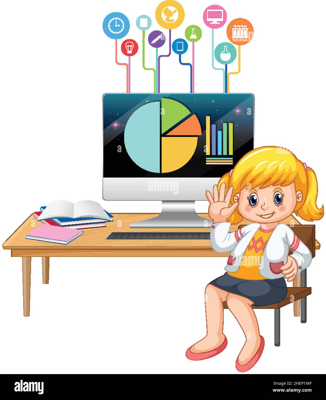 Young girl studying in front of computer illustration Stock Vector ...