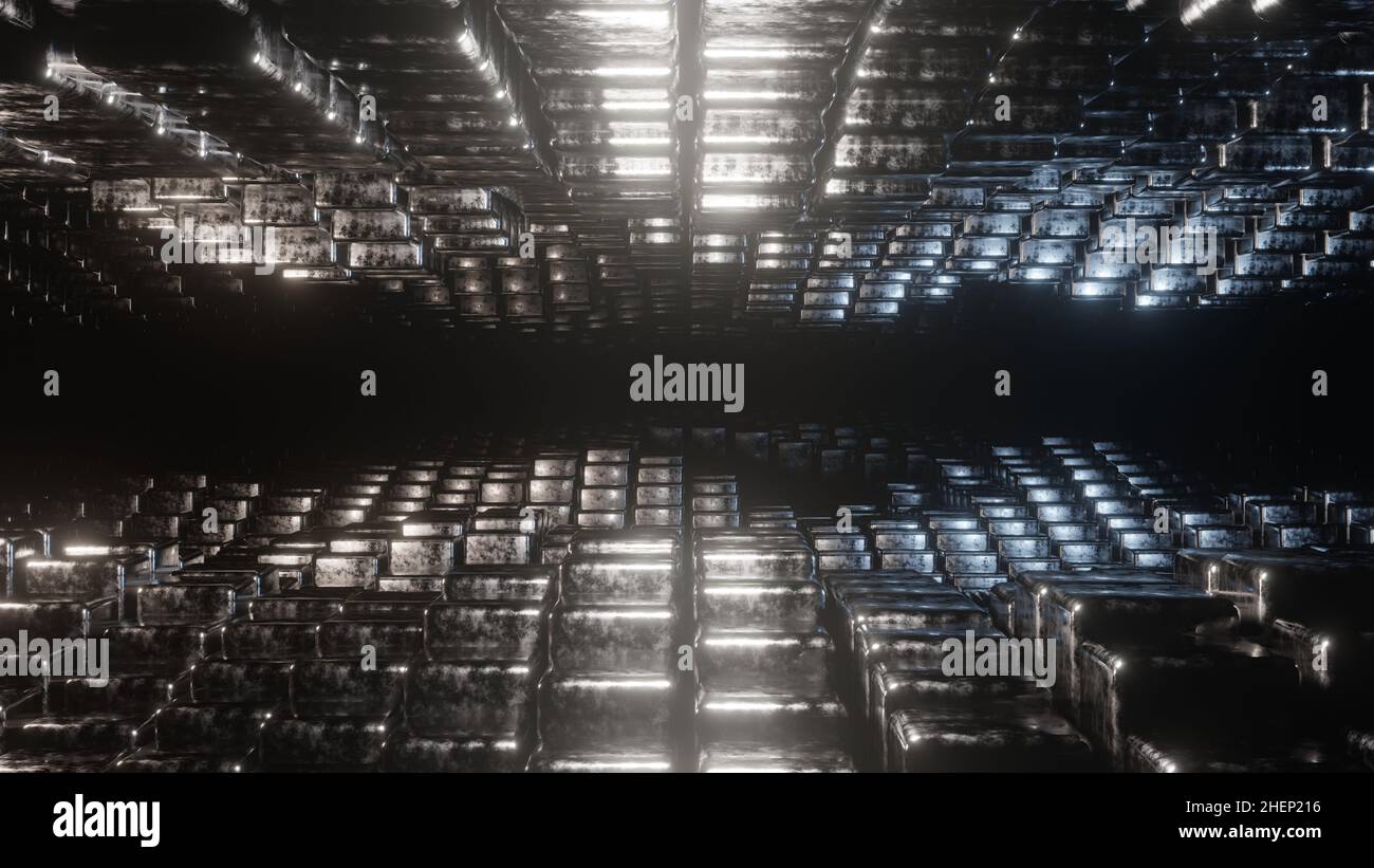 3d illustration of steel cubes tunnel, Abstract futuristic corridor ...