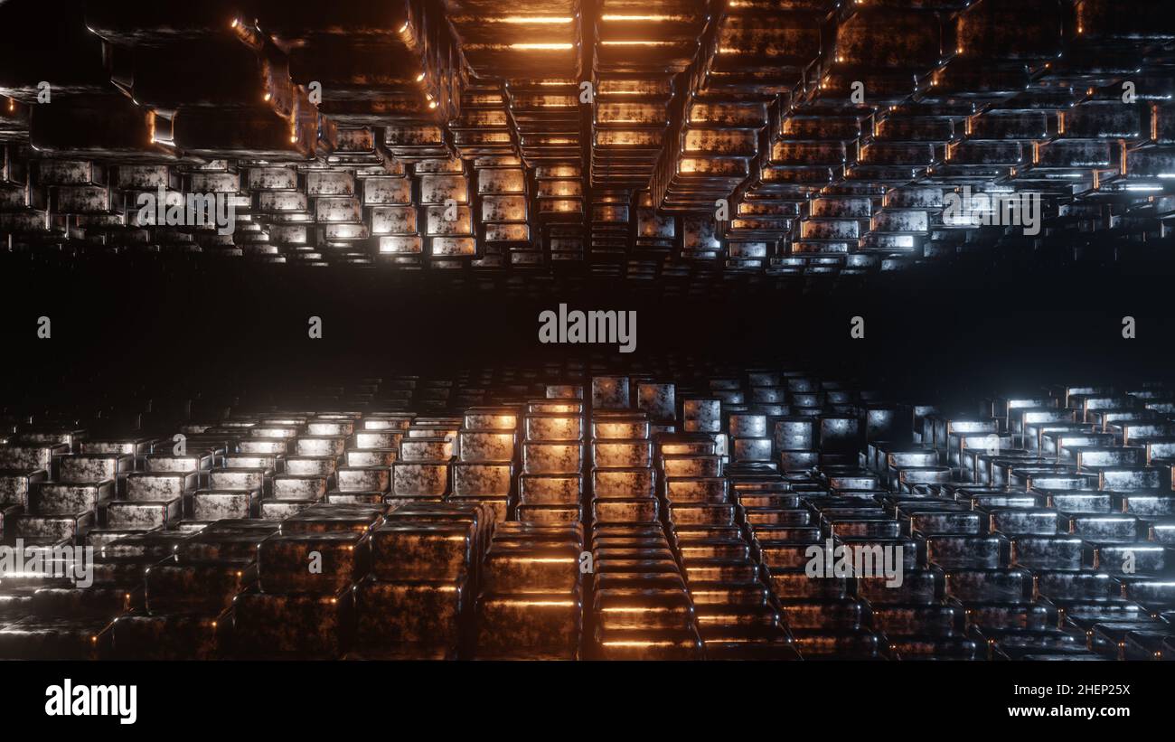 3d illustration of steel cubes tunnel, Abstract futuristic corridor ...