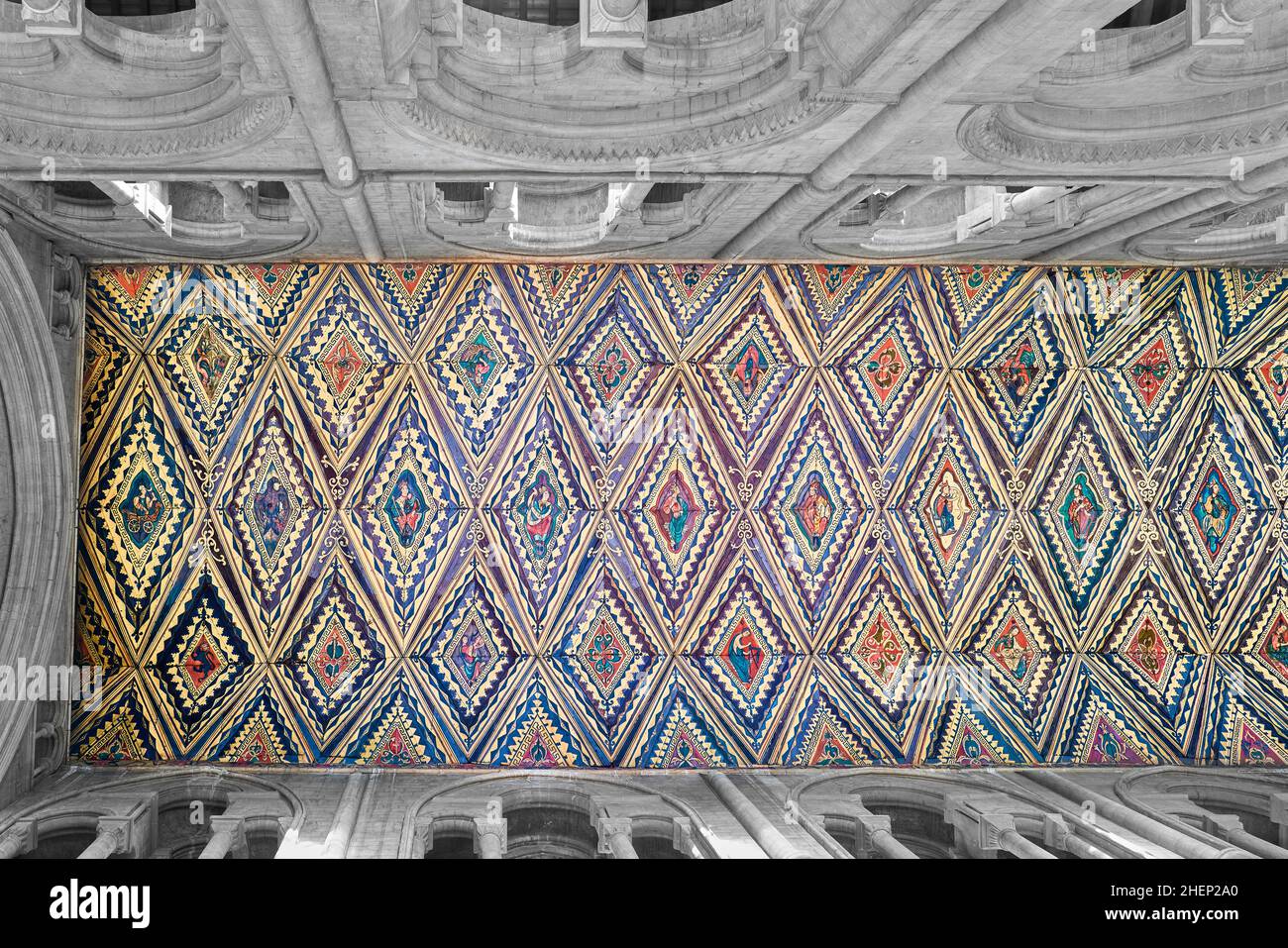 Thirteenth century AD painted wooden ceiling above the nave in the ...