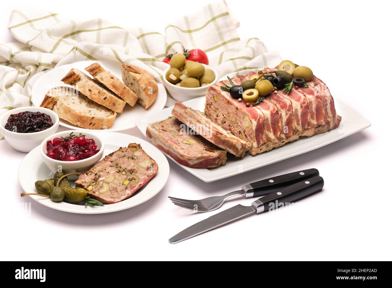 Portion of Traditional French terrine covered with bacon isolated on ...