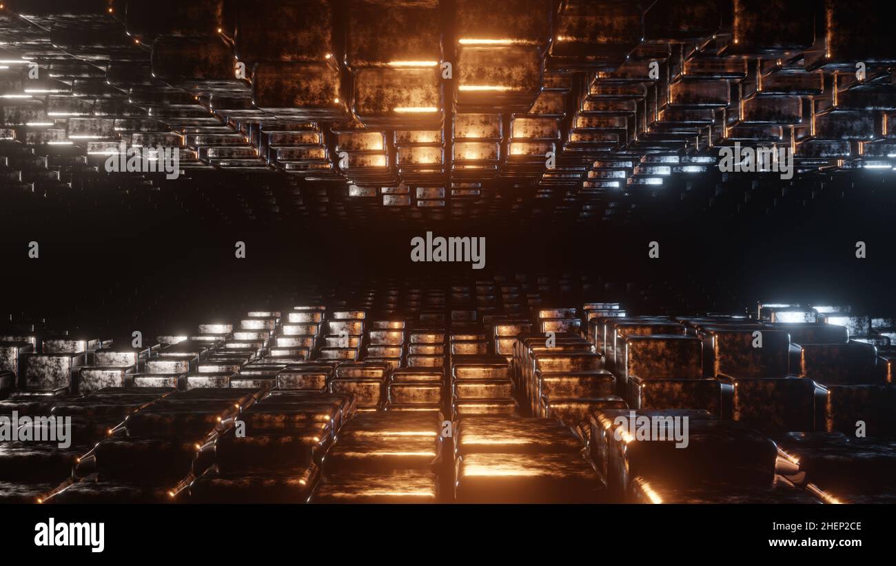 3d illustration of steel cubes tunnel, Abstract futuristic corridor ...