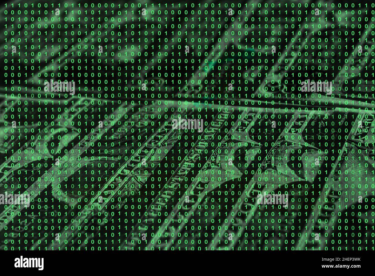binary code grid from bright green numbers on the background of dollar ...