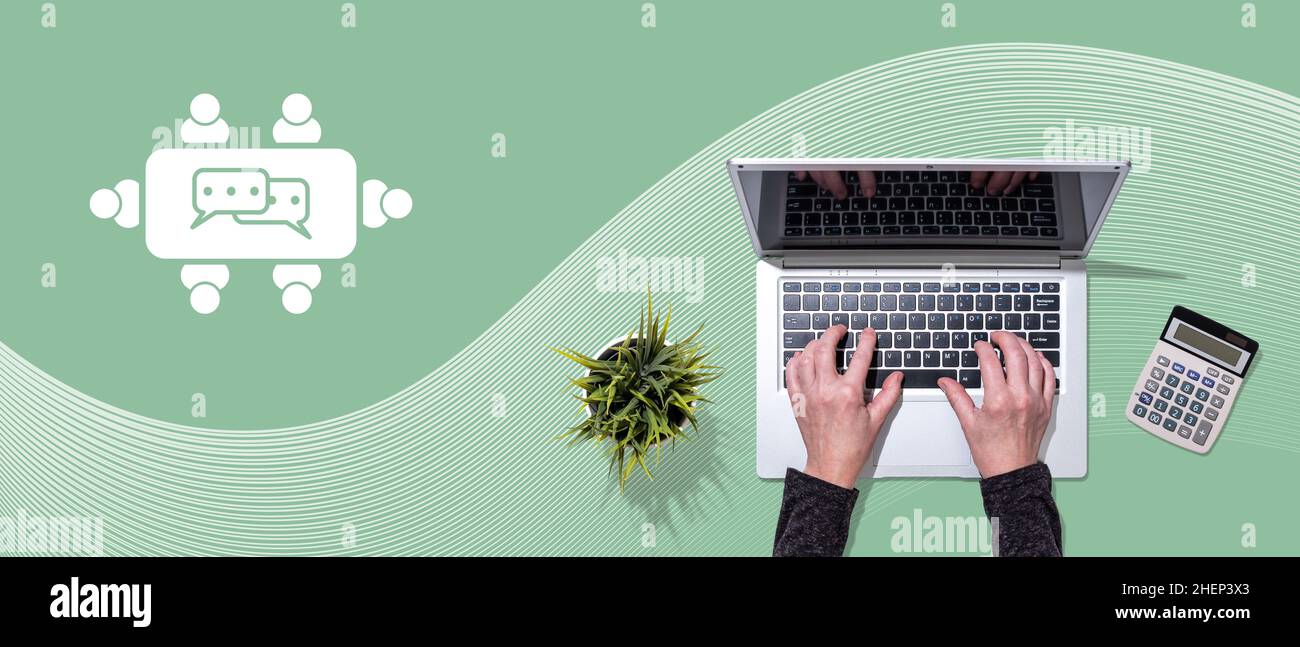 Top view of hands using laptop with symbol of meeting concept Stock ...