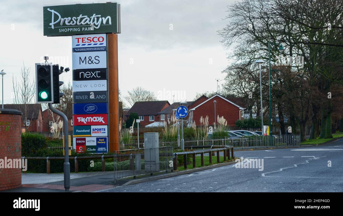 Prestatyn, UK: Dec 14, 2021: Prestatyn Shopping Park is a modern retail ...